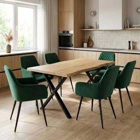 Vikio Jídelní set pro 6 osob 160x90 cm soft dub noha X zelená židle s područkami VJS226-6Z