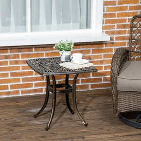 Zahradní stolek Outsunny s otvorem pro slunečník 54x54x52,5 cm s hliníkovým rámem v bronzové barvě, ideální pro zahradu a balkon