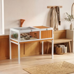 PawHut zvýšený dřevěný želví dům s proskleným okénkem, otočným víkem, držákem na lampu a miskou – do interiéru i exteriéru, bílá a oranžová, 104 × 53…