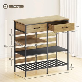 HOMCOM bufet do kuchyně, úložný nábytek se 2 zásuvkami a 3 otevřenými regály, 90 x 40 x 91 cm, přírodní dřevo a černá
