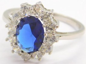 Luxusní mohutný stříbrný prsten se zirkony a velkým modrým safírem 925/1000 vel. 61 030896300019