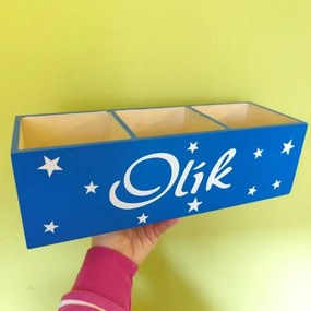 Personalizovaný dřevěný organizér 3 přihrádky se jménem modrý