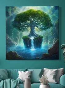 Obraz na plátně - Strom života s vodopádem FeelHappy.cz Velikost obrazu: 80 x 80 cm