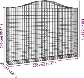 vidaXL Klenuté gabionové koše 5 ks 200x30x140/160cm pozinkované železo [3145475]