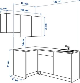 KNOXHULT Rohová kuchyně, lesklá/bílá, 182x183x220 cm