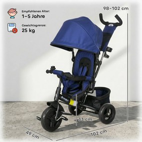 HOMCOM 6-in-1 Tříkolka s Rukojetí pro Rodiče, Dětská Tříkolka s Odnímatelnou Slunečníky, Polstrováním, Balance Bike s 5-Bodovým Bezpečnostním Páscem,…