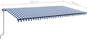 Ručně zatahovací markýza s LED světlem 600 x 300 cm modrobílá 3069161