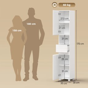 HOMCOM Koupelnová skříňka, úzká koupelnová skříňka s nastavitelnými policemi, 30 x 170 cm, bílá