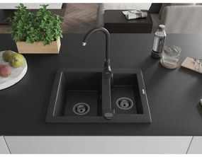Mexen Carlos, granitový dřez 582x475x177 mm, 1,5-komorový, černá-stříbrná metalíza s černým sifonem, 6518581500-73-B