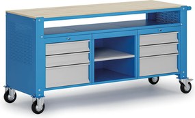 Pojízdný dílenský stůl G9, 2 police, 6 zásuvek, 1690 x 595 x 865-1130 mm, šedá/modrá