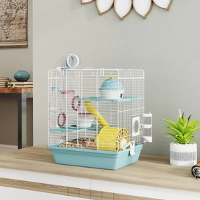 PawHut 3patrová klec pro křečky s kolem, tunely, úkrytem a miskou — pro zakrslé křečky a pískomily, 34,5 × 27,5 × 41 cm, modrá
