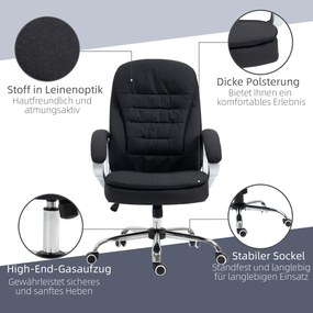 Kancelářská židle Vinsetto s nastavitelnými područkami, ergonomická kancelářská židle, houpací funkce, výškově nastavitelná, černá, len, 64x75x111-12…