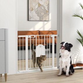 PawHut Psí Bezpečnostní Brána 75-103 cm na Schody a Dveře s 2 Přídavnými Dílci, Automatické Zámek a Dvojitý Zámkový Systém Bílá