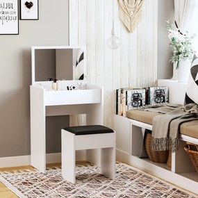 HOMCOM Skládací Toaletní Stolek se Zrcadlem, Moderní Toaletní Stolek se Stoličkou a Úložným Prostorem (10 Přihrádek), Bílý MDF, 60,2 x 40,2 x 79 cm