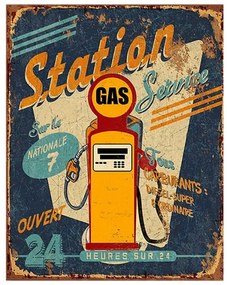 Modrá nástěnná cedule Station Gas – 25x1x33 cm