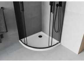 Mexen Rio, čtvrtkruhový sprchový kout s posuvnými dveřmi 90 (dveře) x 90 (dveře) x 190 cm, 5mm šedé sklo, černý profil + bílá sprchová vanička Slim, 863-090-090-70-40-4110B