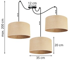 Závěsné svítidlo JUTA SPIDER, 3x jutové stínítko, (výběr ze 2 barev konstrukce), (fi 35cm)