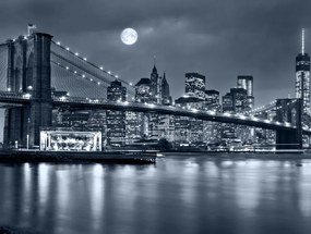 Vícedílný obraz Noční Panorama New Yorku S Měsícem Na Obloze Nedostatek Nedostatek Přírodní plátno 120x90