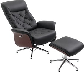 HOMCOM Relaxační křeslo s podnožkou - TV křeslo s čalouněním, 360° otočné, 145° nastavitelné, retro design Chesterfield, PU potah, dřevěné detaily, k…