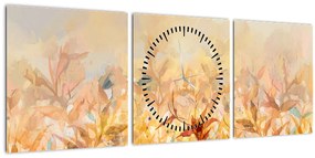 Obraz - Listy v barvách podzimu, olejomalba (s hodinami) (90x30 cm)