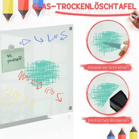 Magnetická tabule Vinsetto 90x60cm se 4 pery, 6 magnety, 1 houbičkou a poličkou, stojanová skleněná tabule k montáži na zeď | Aosom.de