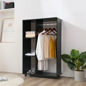 HOMCOM Skříň na kolečkách s otevřeným designem pro oblečení s ramínkovou tyčí a policemi organizátor pro ložnici 80x40x128 cm Černá
