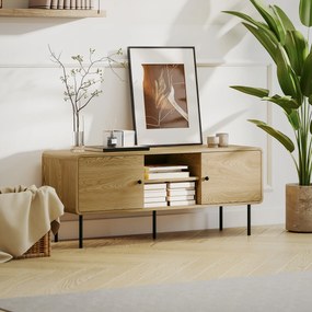 HOMCOM TV nábytek, televizní skříň až do 140 cm s 2 dveřmi, 2 otevřenými přihrádkami, kovovými nohami, 120 x 40 x 50 cm, dub