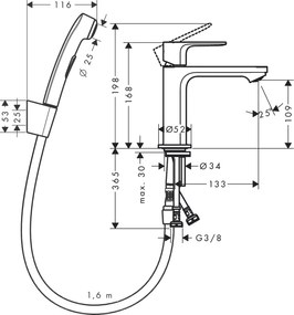 Hansgrohe Rebris S, umyvadlová baterie 110 s ruční sprchou Bidette a sprchovou hadicí 160 cm, bez odtokové soupravy, černá matná, 72215670