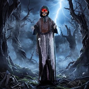 HOMCOM Animovaný Smrtka, 170 cm, životní velikost Halloween animatroniky s pohyblivýma rukama/hlavou, svítícíma očima a strašidelným zvukem