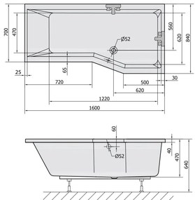 Polysan VERSYS R asymetrická vana 160x84x70x47cm, bílá, 15611