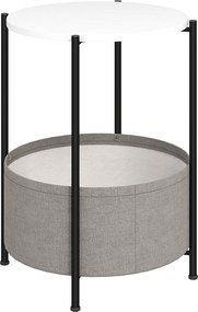 HOMCOM Kulatý Noční Stolík se Zásuvkou a Textilním Košem, Ocelový Konferenční Stolík do Obývacího Pokoje a Ložnice 44 x 56 cm Šedá+Bílá