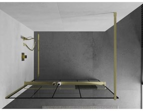 Mexen Kioto+, sprchová zástěna Walk-In s poličkou a věšákem 90 x 200 cm, 8mm čiré sklo černý vzor, ​​zlatý matný profil, 800-090-121-55-78