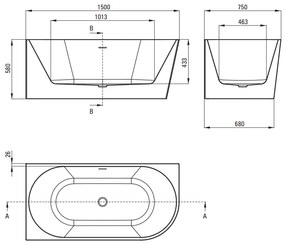 Aplomo Silia volně stojící akrylátová vana, bílá Délka vany: 150cm, Orientace: Pravá