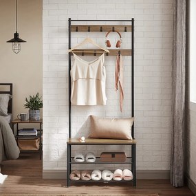 Kabátový stojan, botník, výška 175 cm, rustikální ořech a černá