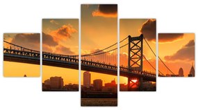 Obraz - Západ slunce nad mostem Bena Franklina, Filadelfie (125x70 cm)