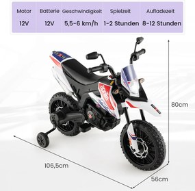 Costway Elektrická dětská motorka Aprilia s tréninkovými koly a hudbou a – bílý