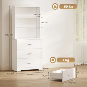 HOMCOM knihovna se 6 policemi, 3 zásuvkami, 3 otevřenými přihrádkami, vysoká skříň do obývacího pokoje, pracovny, kanceláře, 79x39,5x182,2 cm, bílá