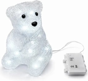 3D LED svítící medvěd sedící na baterie, 16 diod, s časovačem, 18 × 13 cm, ledově bílá, hliník, IP44 venkovní