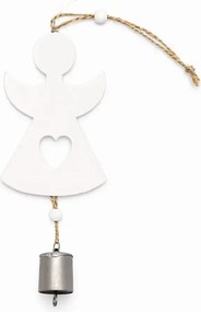 Vánoční dřevěná ozdoba na stromeček anděl 12 × 8 cm se zvonkem 3 cm, závěsná, bílá