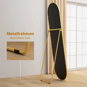 HOMCOM oválné celoformátové volně stojící zrcadlo, 50 × 180 cm — nerozbitné sklo, kovový rám a stojan, zlaté — do ložnice, obýváku, předsíně