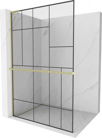 Mexen Kioto+ L, sprchová zástěna Walk-In s poličkou a věšákem 80 x 200 cm, 8mm čiré sklo černý vzor, ​​zlatý matný profil, 800-080-123-55-78