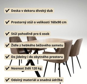 Vikio Jídelní set pro 4 osoby 160x90 cm soft dub noha X béžová židle s područkami VJS226-4CA