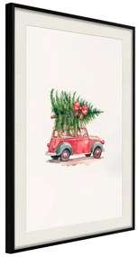 Plakát Vánoční doprava - akvarelové auto s vánočním stromkem