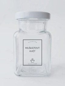 Samolepka na kořenky MUŠKÁTOVÝ KVĚT průhledná 3 × 4 cm základní písmo