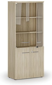 Kombinovaná kancelářská skříň PRIMO WOOD s dřevěnými a skleněnými dveřmi, 800 x 420 x 1781 mm, dub přírodní