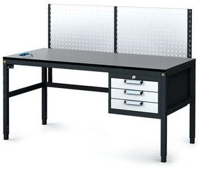 Alfa 3 Antistatický dílenský ESD stůl s perfopanelem, 3 zásuvkový box na nářadí, 1600x800x745-985 mm