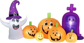 Outsunny Nafukovací Halloween dýně s duchem a náhrobkem s LED světly, IP44 a nafukovač pro párty, 240x130x130 cm, vícebarevná