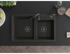 Mexen Tomas, granitový dřez 800x500x190 mm, 2-komorový, černá-zlatá metalíza s černým sifonem, 6516802000-75-B