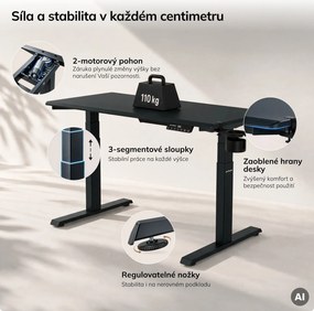 Elektrický stůl s nastavením výšky ergonomický antracitový,1200x600 mm: ARIA