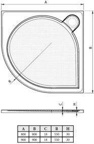 Olsen Spa Čtvrtkruhová mramorová sprchová vanička LAKA R550 Rozměr A - 90 cm, Rozměr B - 90 cm VANKCCTVRT90